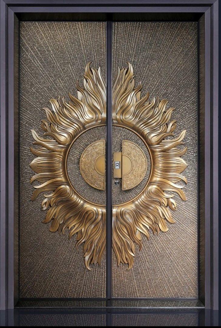 Handcrafted Steel Double Entry Door with Flame-Rayed Sunburst – Ornate