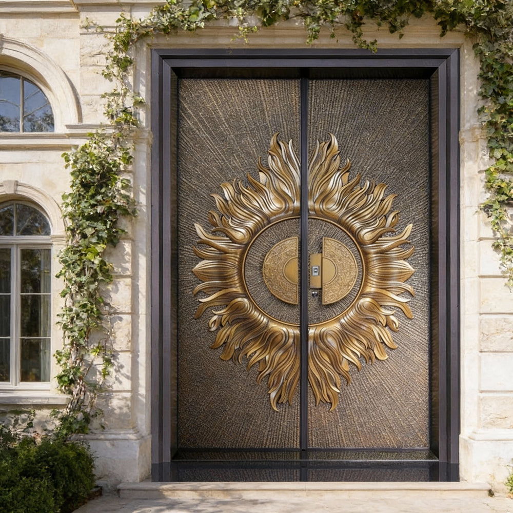 Handcrafted Steel Double Entry Door with Flame-Rayed Sunburst – Ornate
