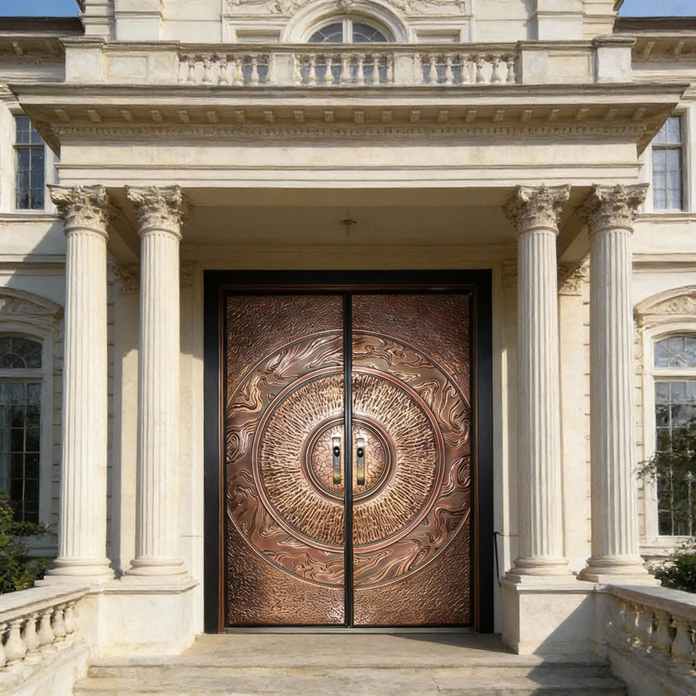 Handcrafted Steel Double Entry Door with Concentric Bronze Medallion