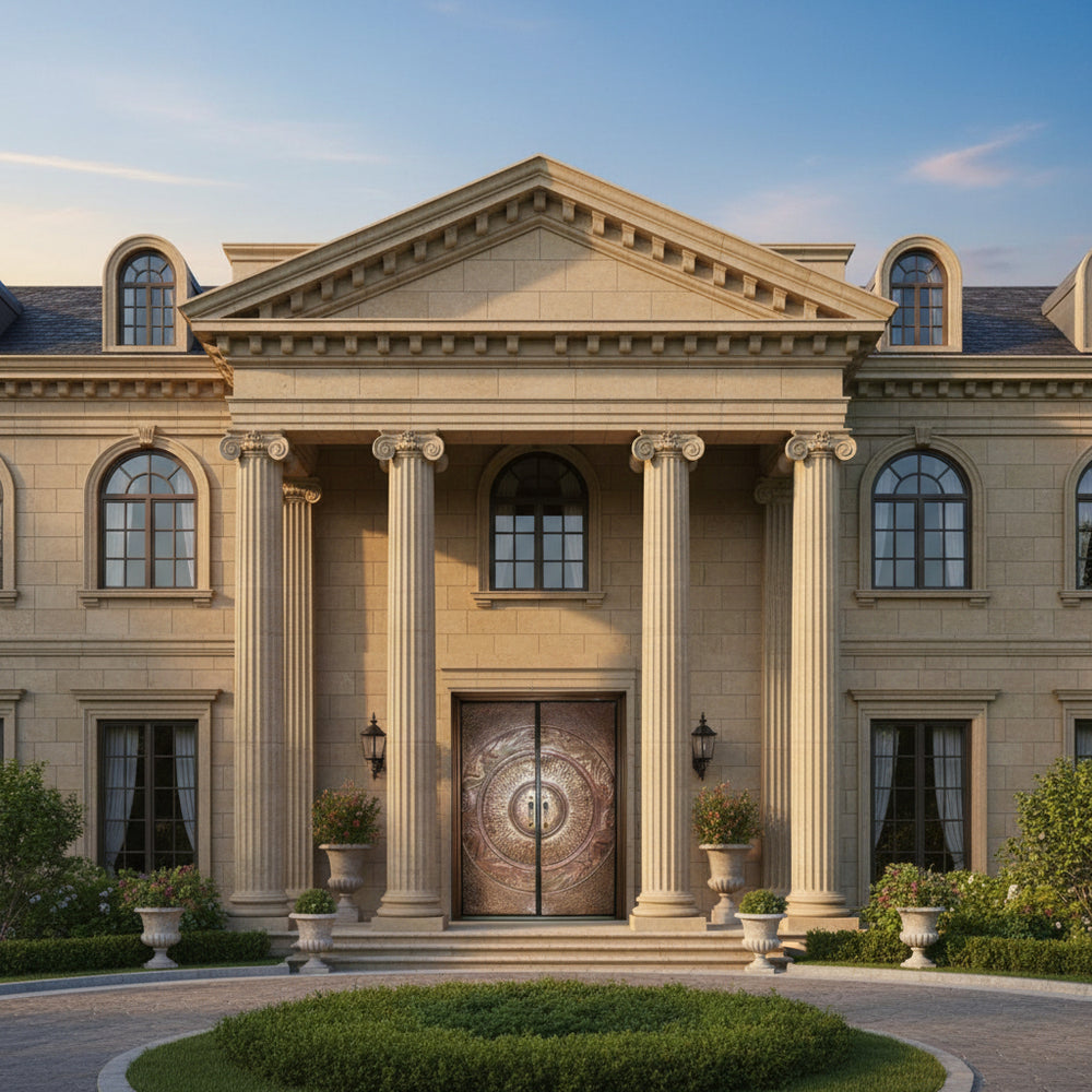Handcrafted Steel Double Entry Door with Concentric Bronze Medallion