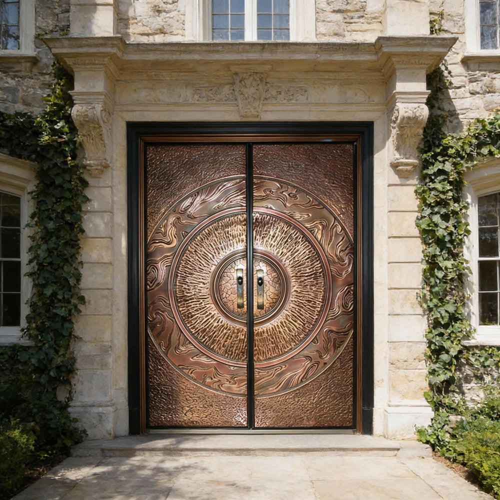 Handcrafted Steel Double Entry Door with Concentric Bronze Medallion