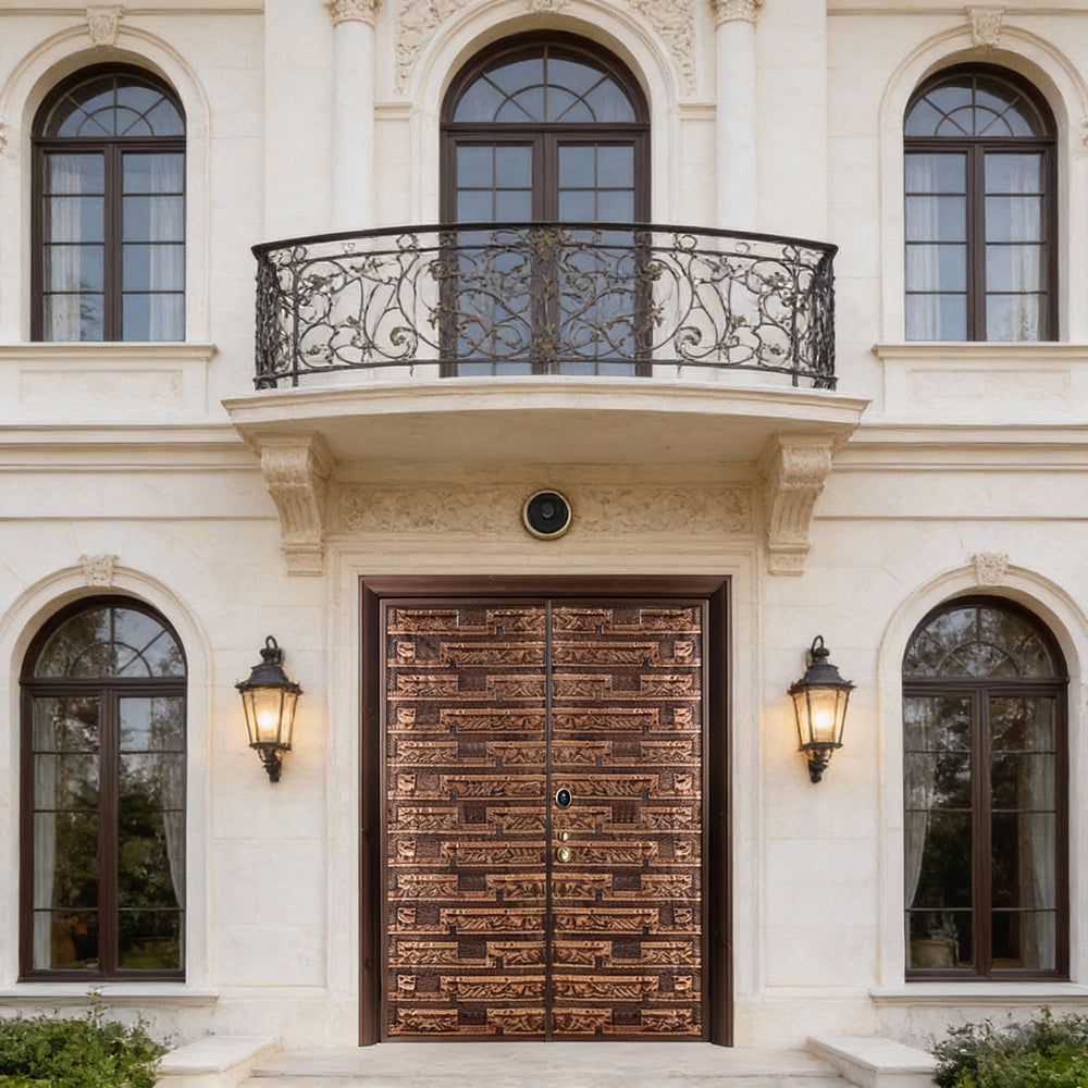 Handcrafted Steel Double Entry Door with Staggered Carved Panel Grid