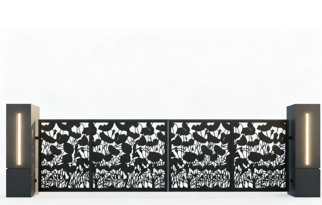 Poppy veil Luxe – Four-Panel Floral Cutout Steel Driveway Gate Model