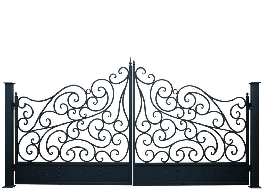 Scrollbloom Crest – Wrought Iron Gate with Floral Base Panels & Finial