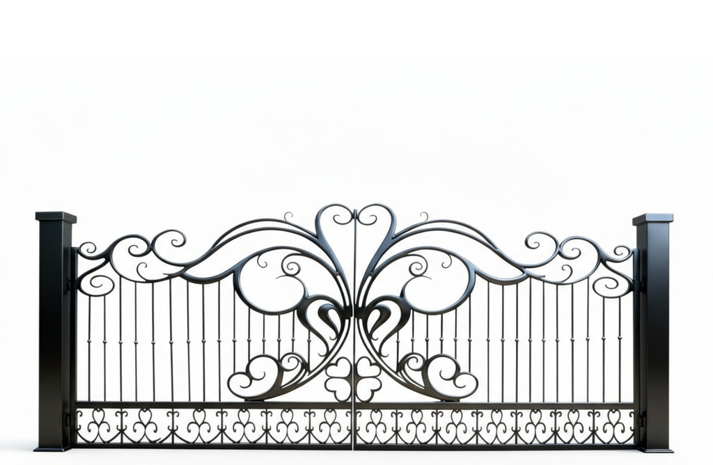 Heart wing Elan – Scroll & Floral Wrought Iron Gate with Black Pillars
