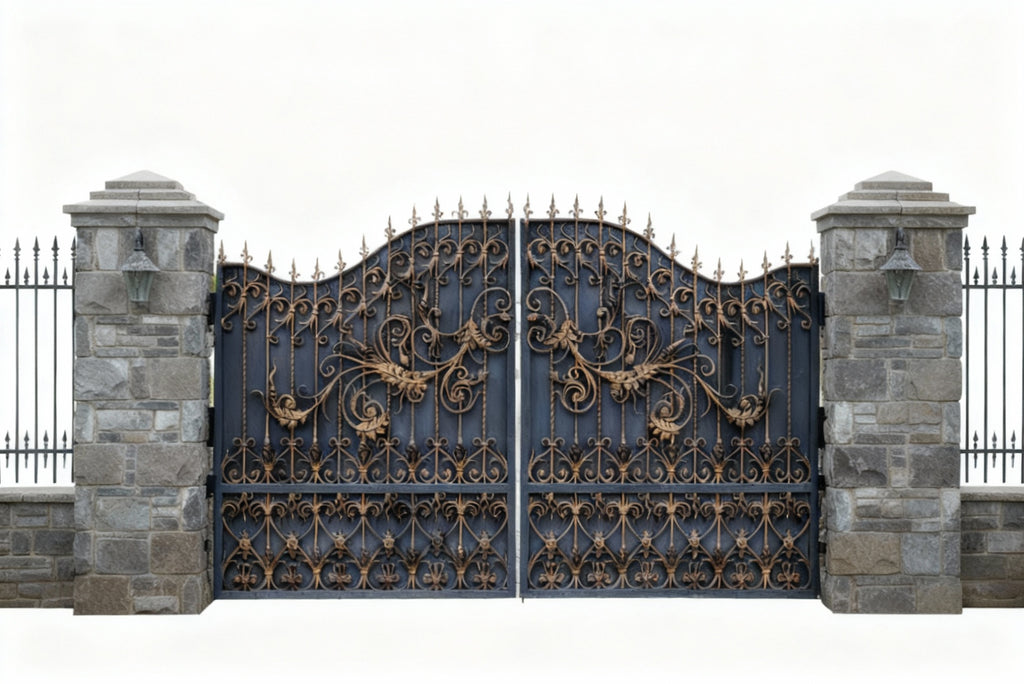 Gilded Fleur – Bronze-Accented Scrollwork Wrought Iron Driveway Gate M