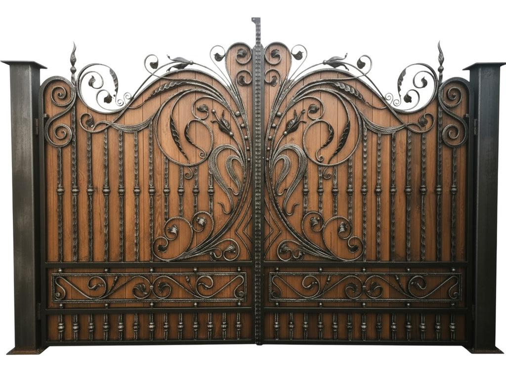 Feather crest Sonata – Wrought Iron Wood Gate with Bird Motifs Scroll
