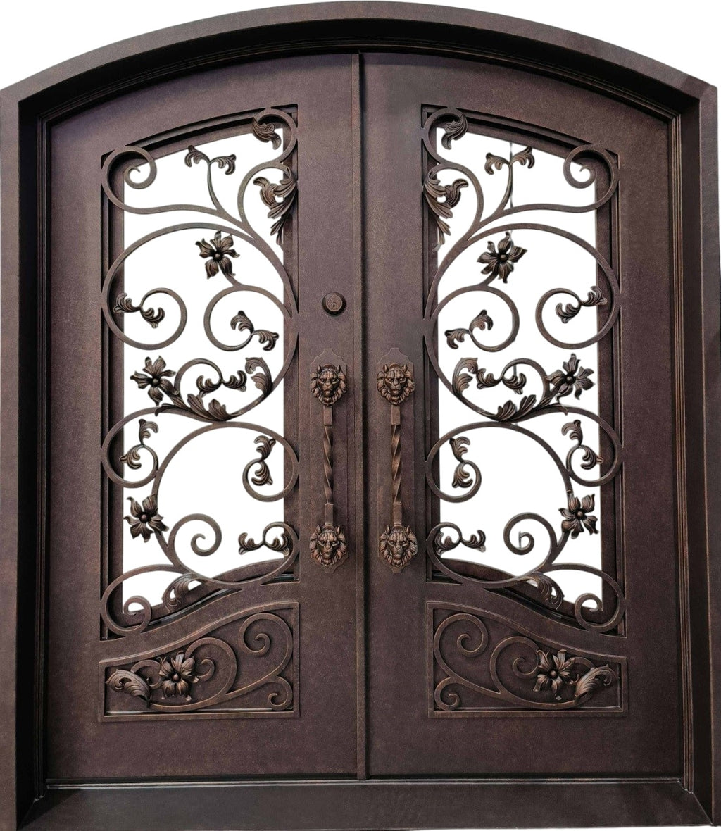 Arched Wrought Iron Double Entry Door with Kickplate and Floral Scroll