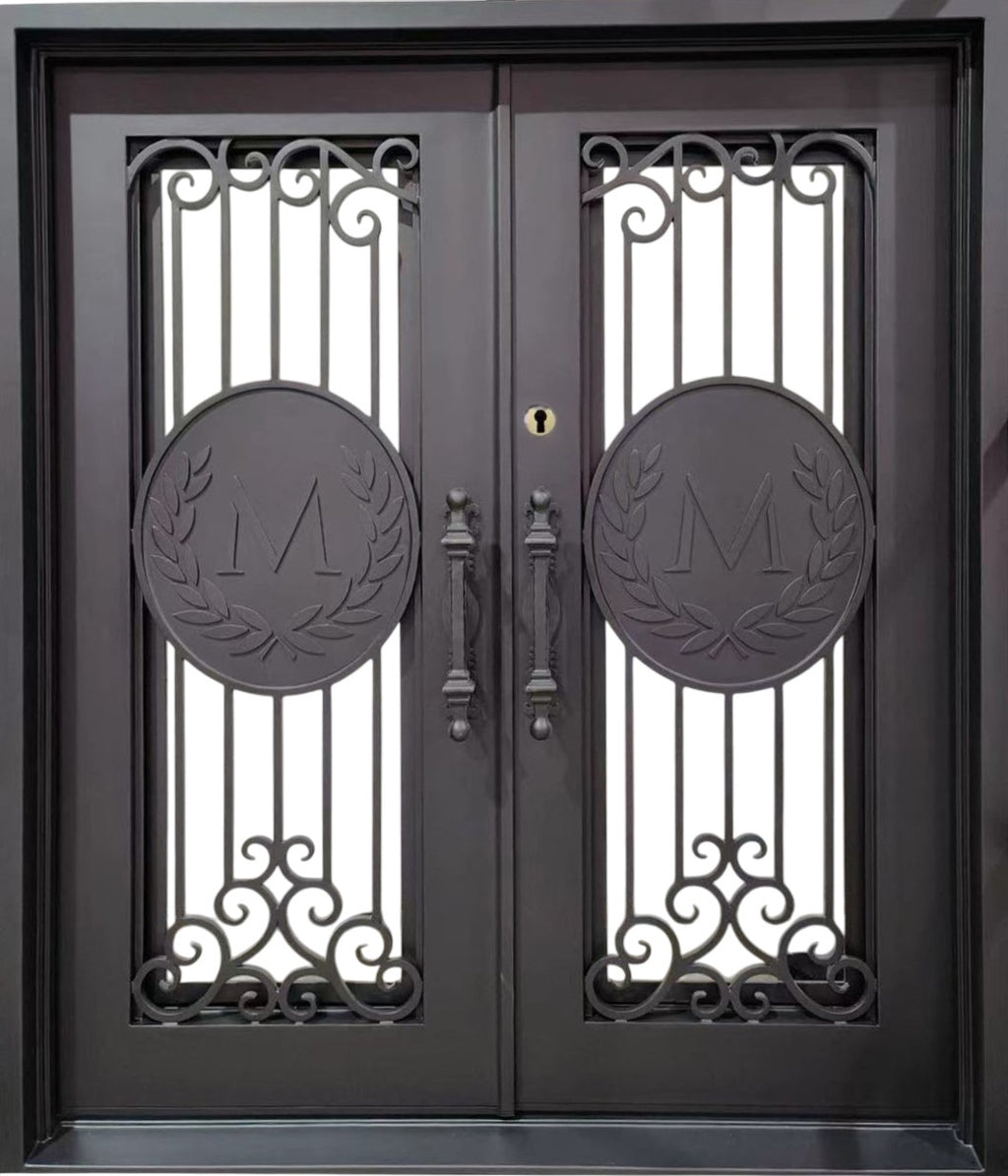 Double Wrought Iron Entry Doors – Black Finish with Signature “M” Meda