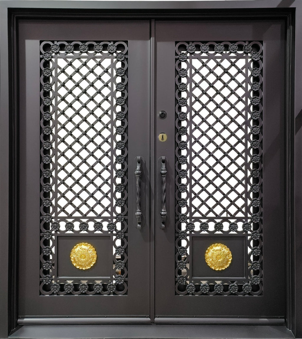Ornate Double Door – Black Wrought Iron with Gold Medallions | Scrollw