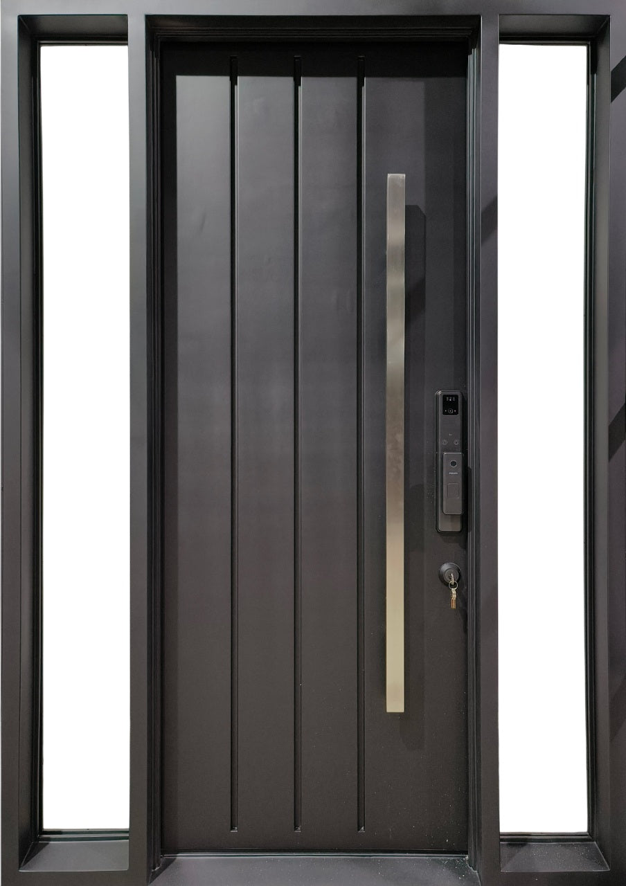 Smart-Lock Steel Entry Door Vertical Panel Design with Frosted Sidelig