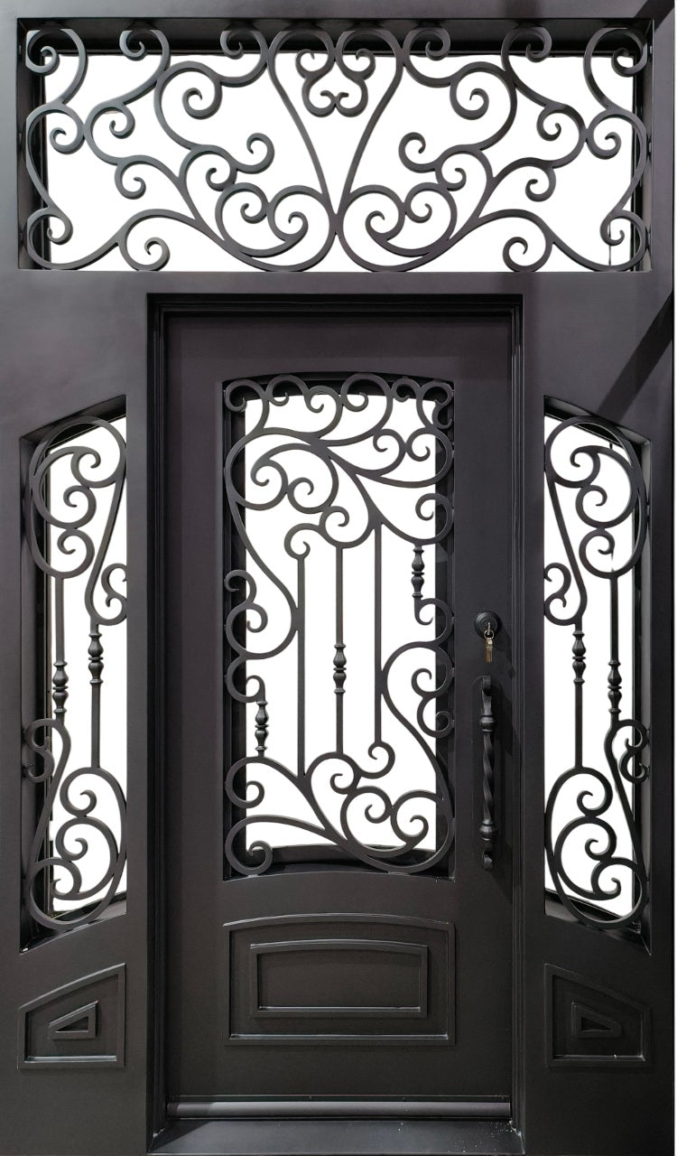 Arched Scrollwork Steel Door Set Double Entry with Transom Panel Model