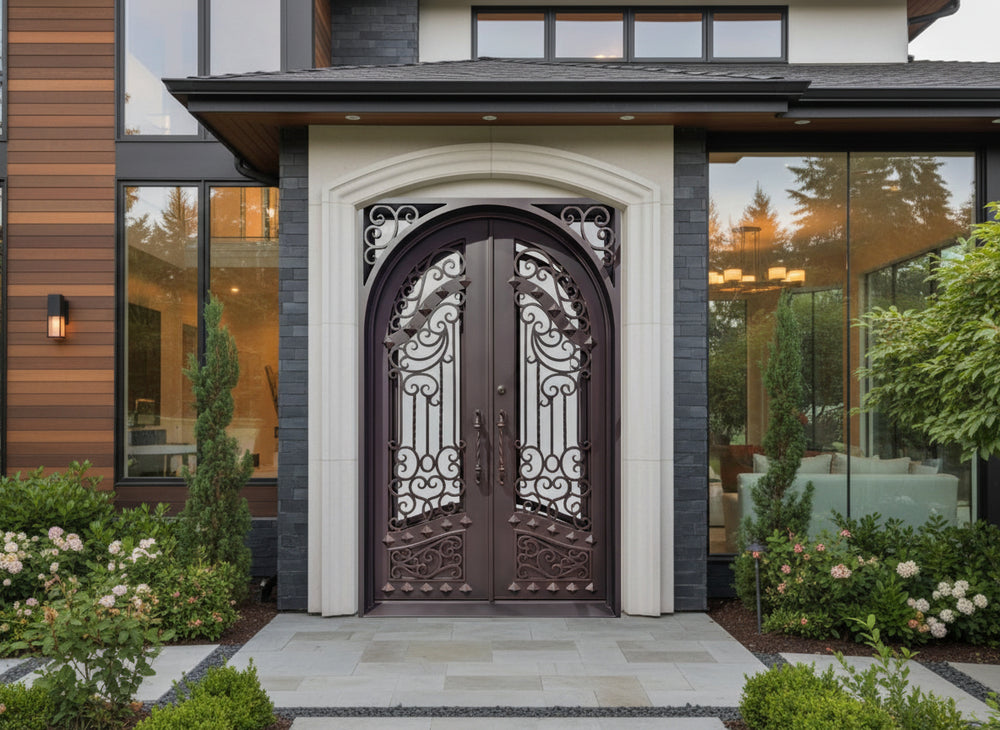 Hand-Forged Ornamental Iron Double Door with Arch and Square Top With
