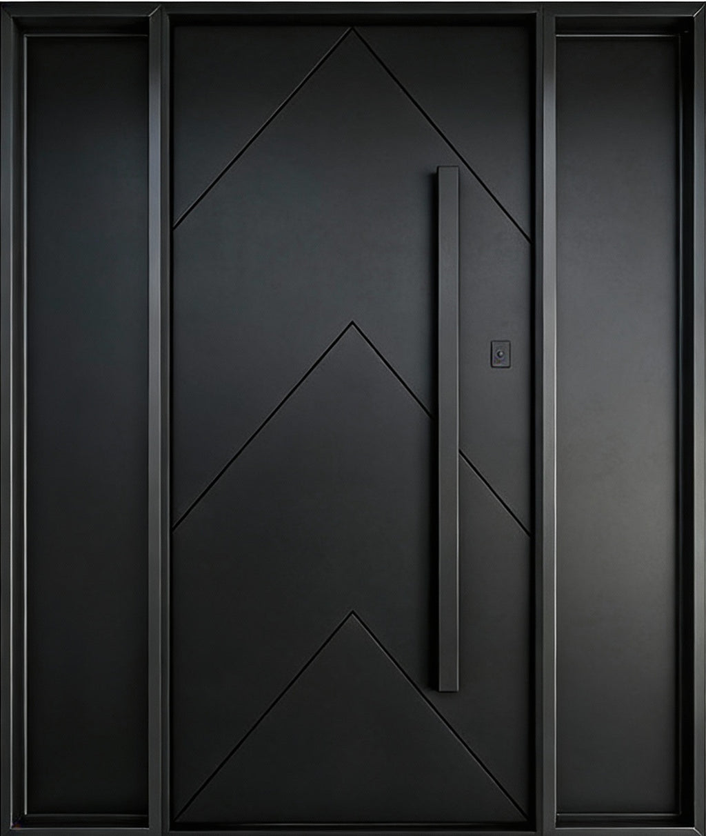 Modern Chevron Wrought Iron Entry Door Pre-Hung Steel Door with Vertic