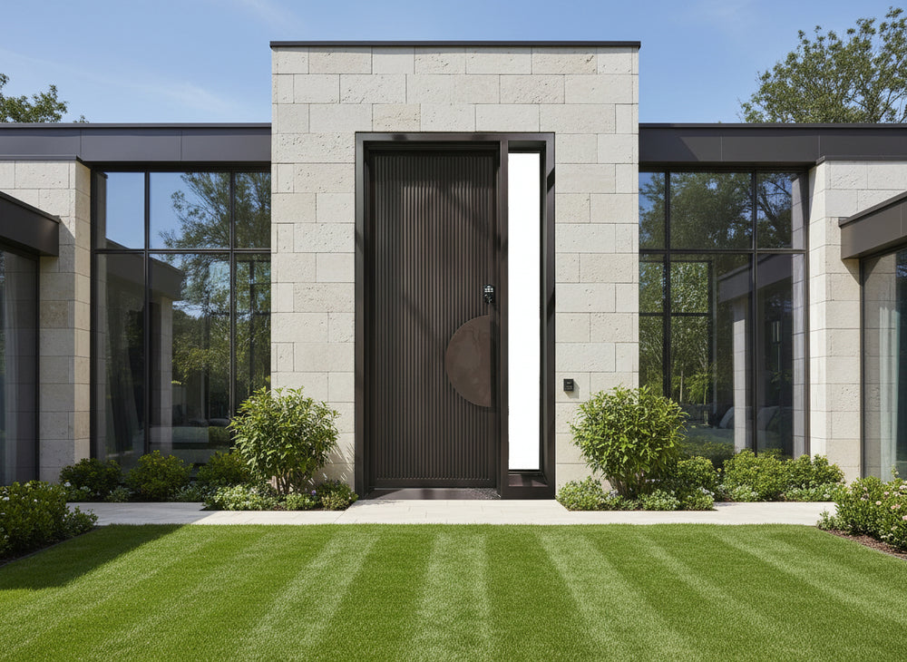 Contemporary Vertical Iron Entry Door with Matte Black Finish and Semi