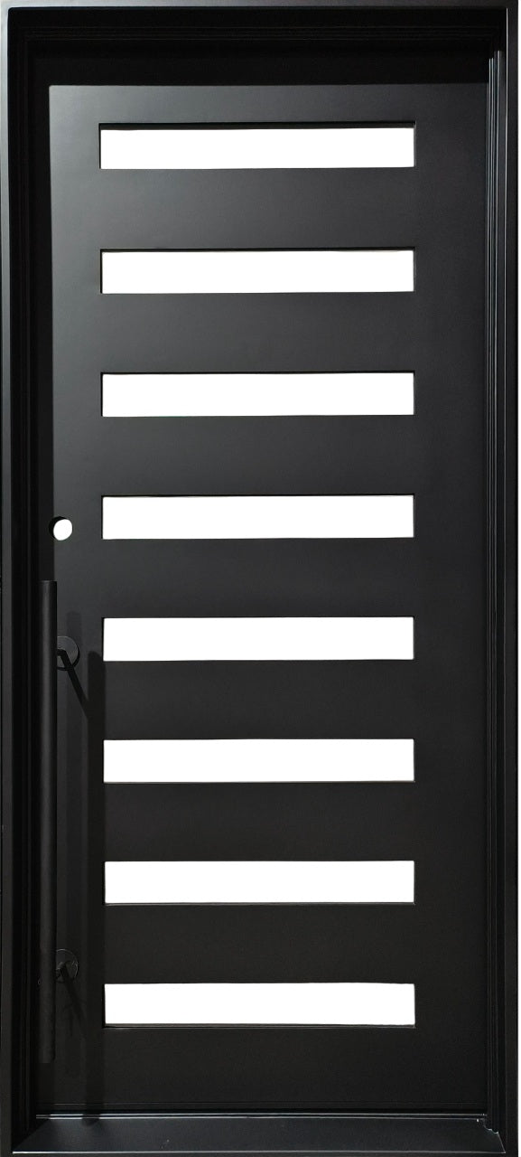 Modern Wrought Iron Door with Square Top and Horizontal Glass Panel Ar