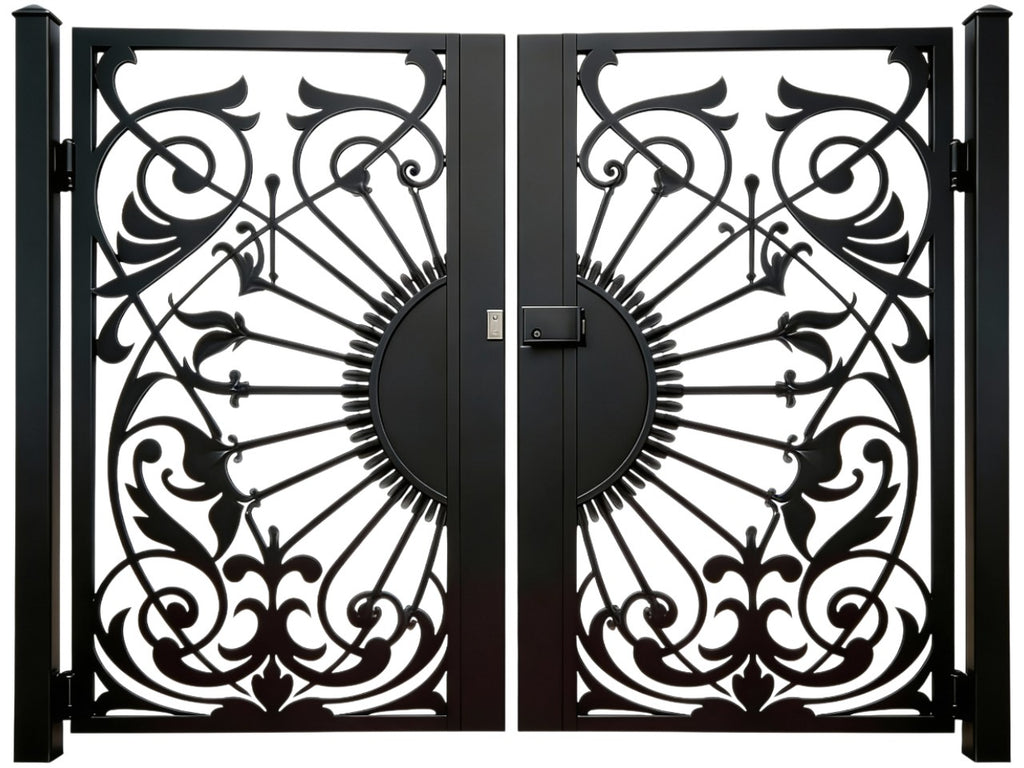 Rosavine Passage – Ornamental wrought iron man door with circular meda