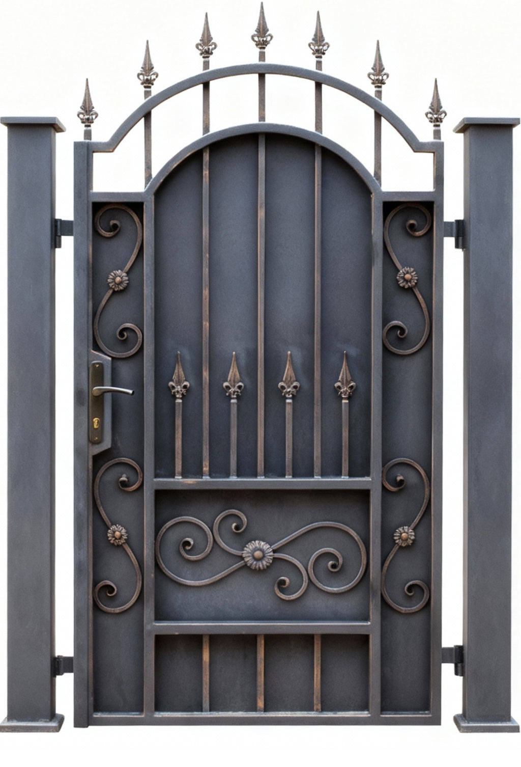 Fleurcrest Passage – Arched wrought iron man door with fleur-de-lis fi