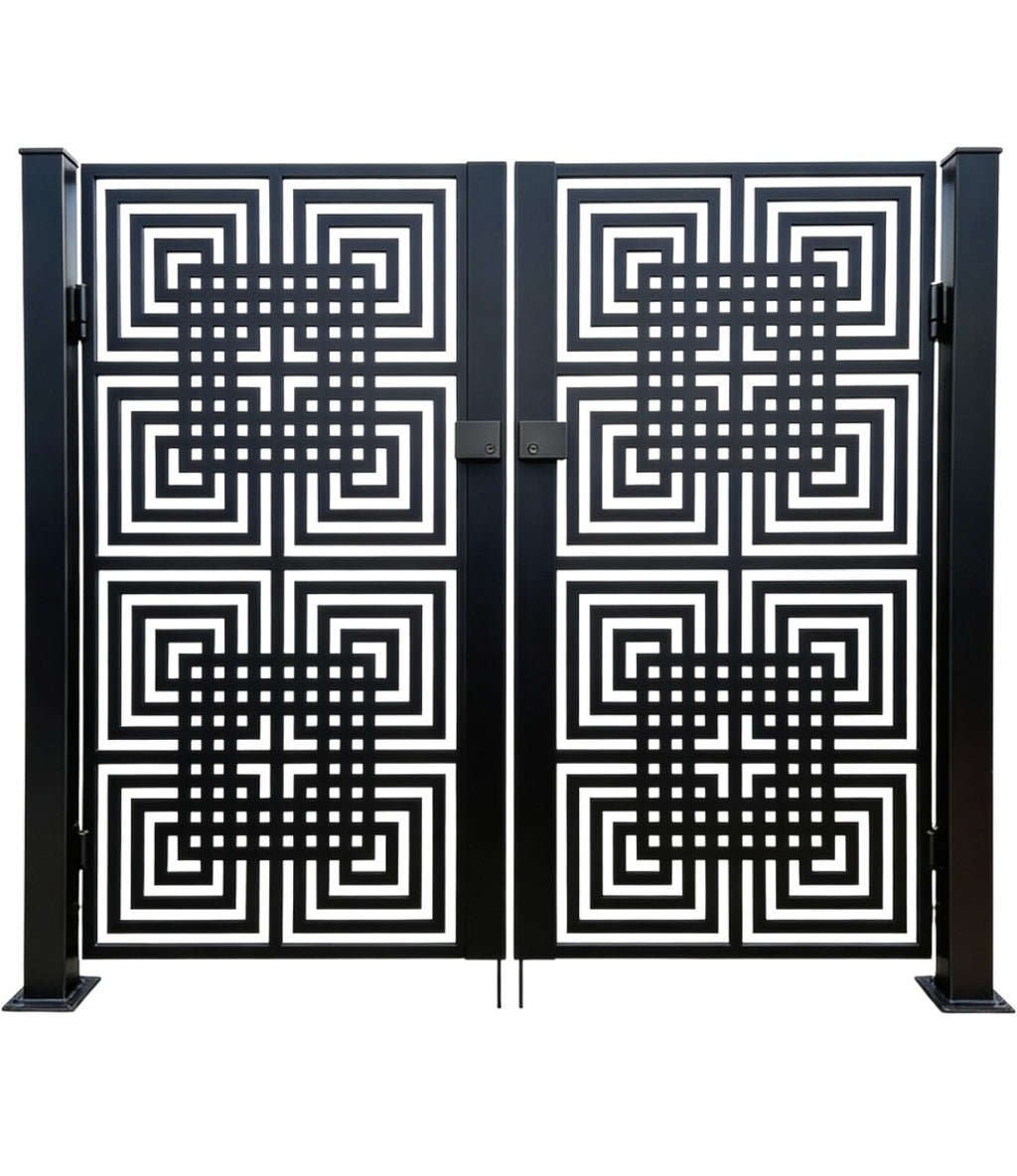 Gridspire Passage – Ornamental metal man door with concentric square l