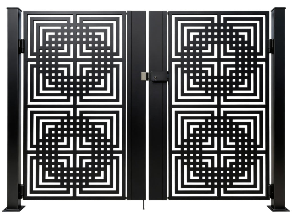 Gridveil Passage – Ornamental metal man door with concentric square la