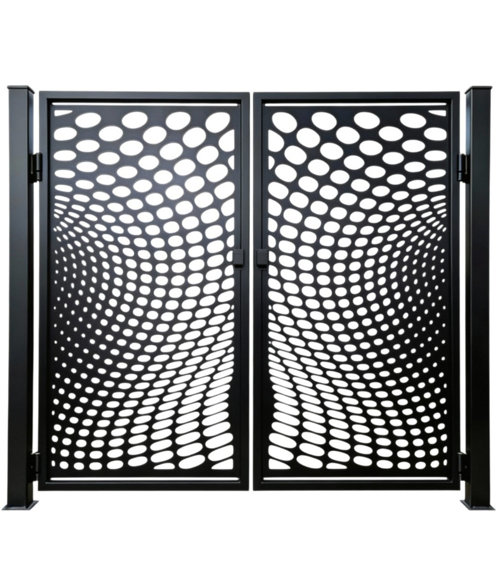Vortexveil Passage – Ornamental metal man door with elliptical swirl l